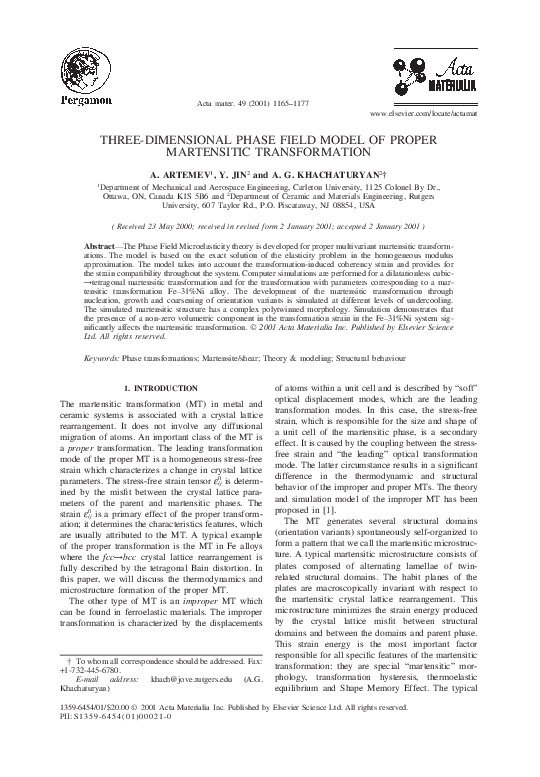 Pdf Three Dimensional Phase Field Model Of Proper Martensitic Transformation