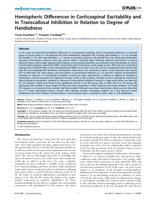 (PDF) Hemispheric Differences in Corticospinal Excitability and in ...