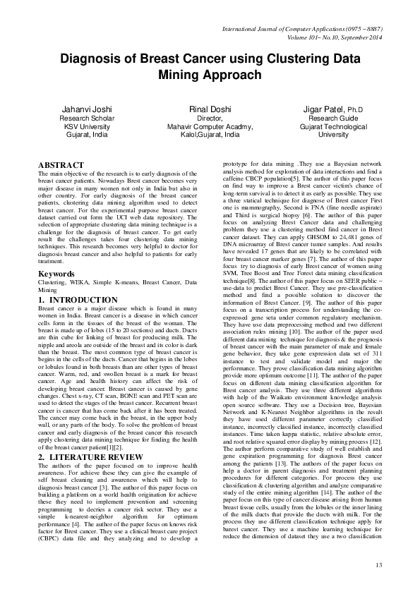 Pdf Diagnosis Of Breast Cancer Using Clustering Data Mining Approach
