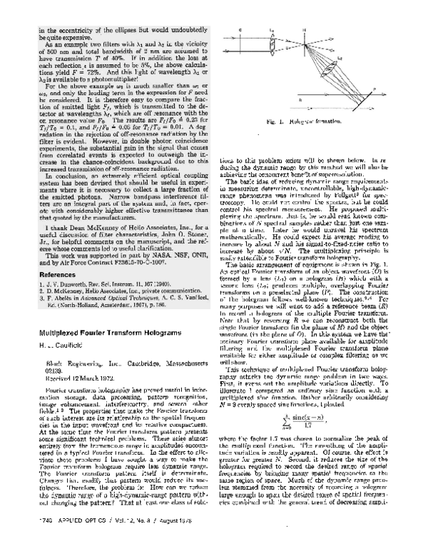 Pdf Multiplexed Fourier Transform Holograms John H J Caulfield