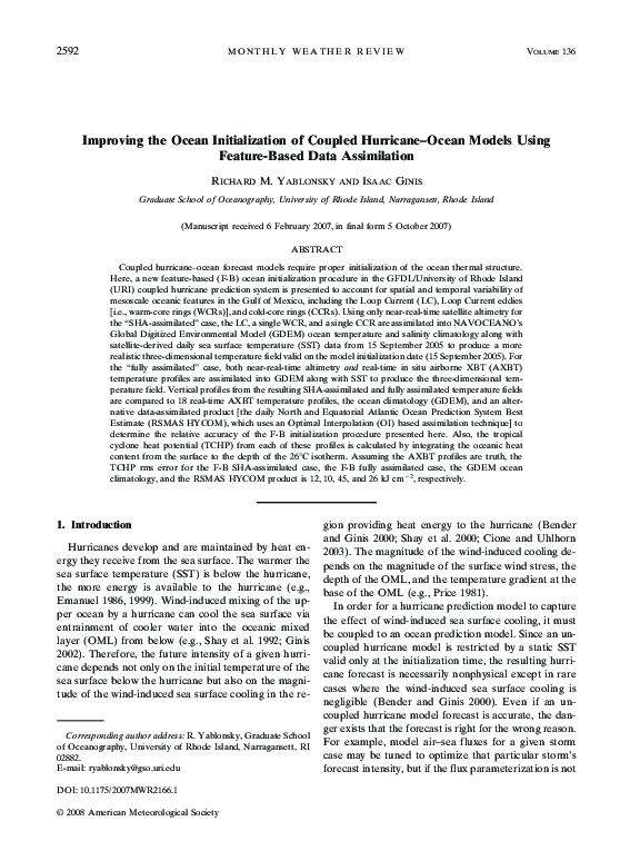 Pdf Improving The Ocean Initialization Of Coupled Hurricaneocean Models Using Feature Based