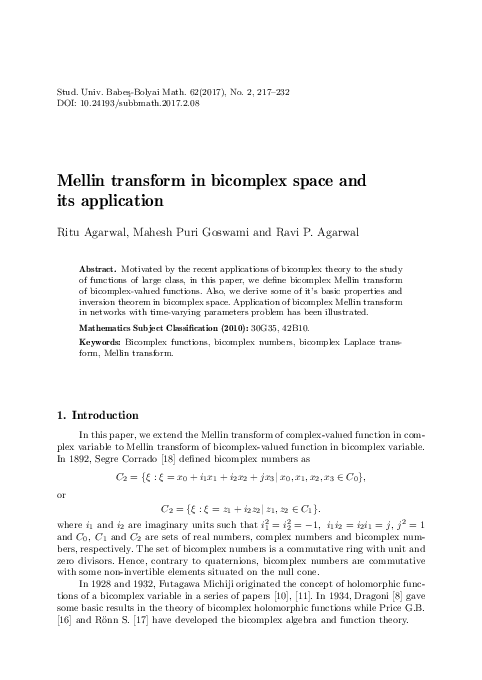 (PDF) Mellin transform in bicomplex space and its application