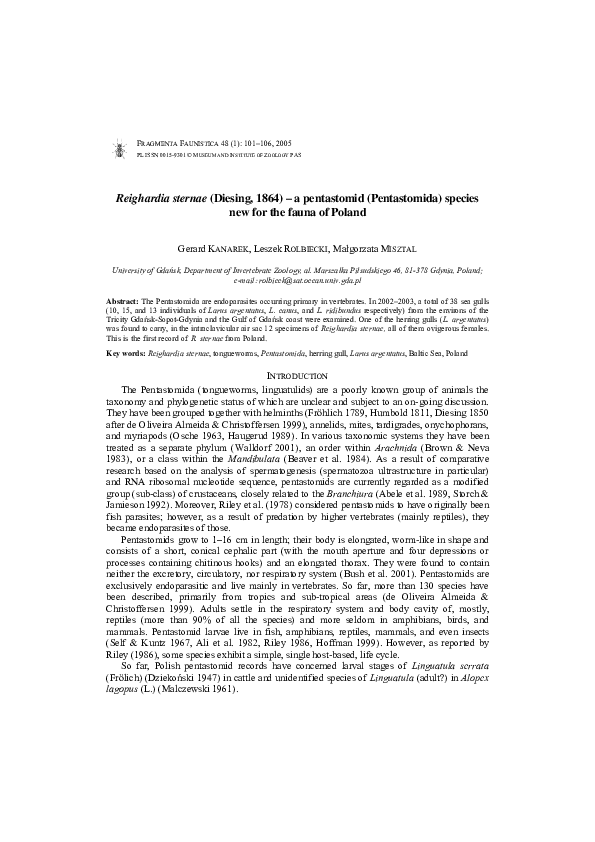 (PDF) Reighardia sternae (Diesing, 1864) – a pentastomid (Pentastomida ...