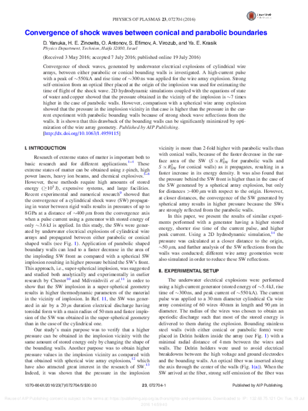 (PDF) Convergence of shock waves between conical and parabolic boundaries