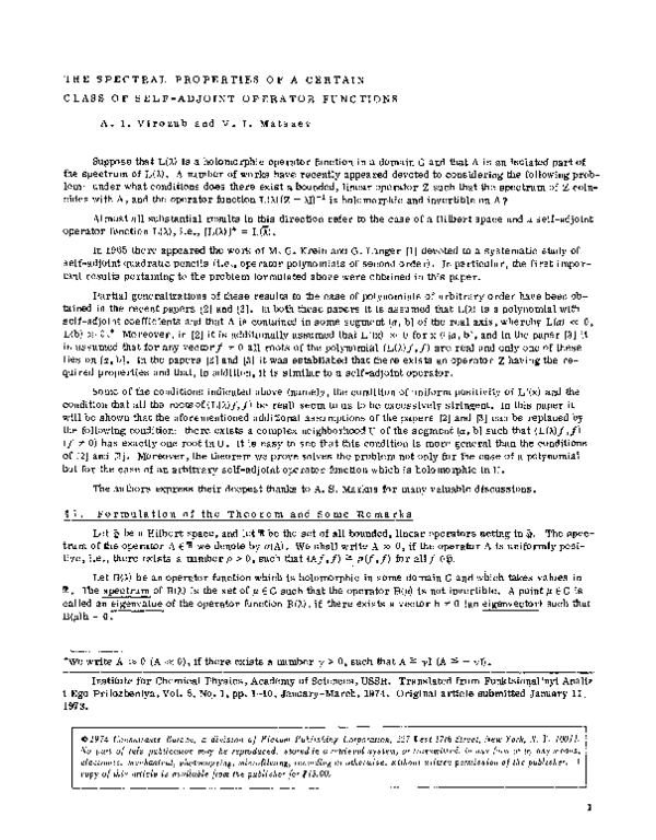 (PDF) The spectral properties of a certain class of self-adjoint operator functions