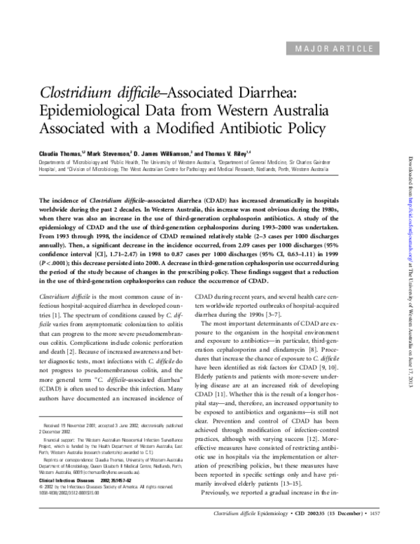 (PDF) Clostridium difficile –Associated Diarrhea: Epidemiological Data ...