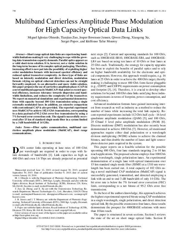 Pdf Multiband Carrierless Amplitude Phase Modulation For High Capacity Optical Data Links