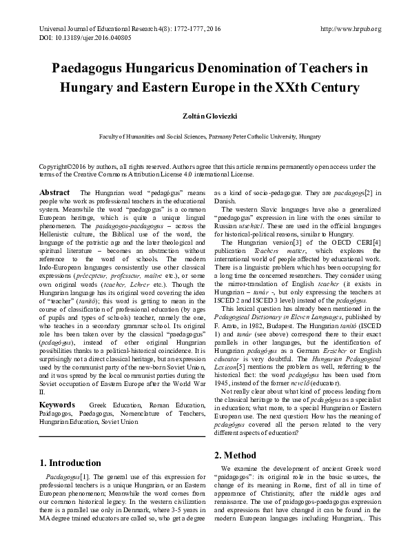 (PDF) Paedagogus Hungaricus Denomination of Teachers in Hungary and ...