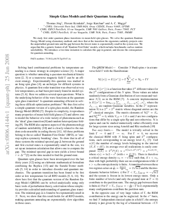 (PDF) Simple Glass Models and Their Quantum Annealing