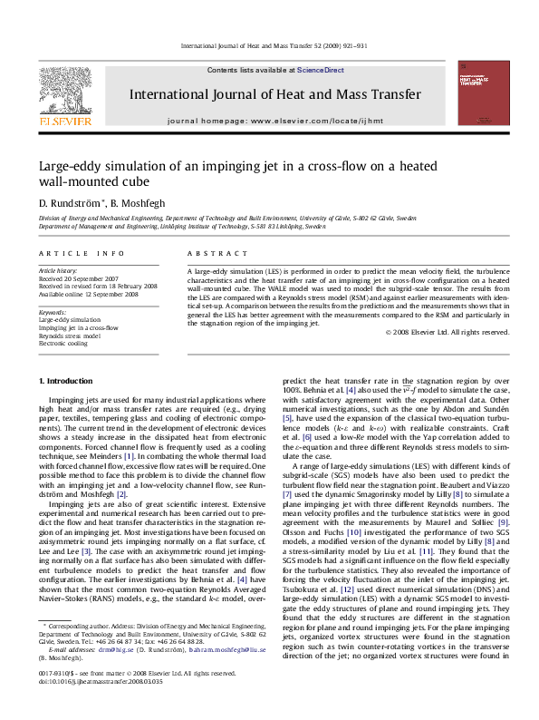 (PDF) Large-eddy simulation of an impinging jet in a cross-flow on a heated wall-mounted cube