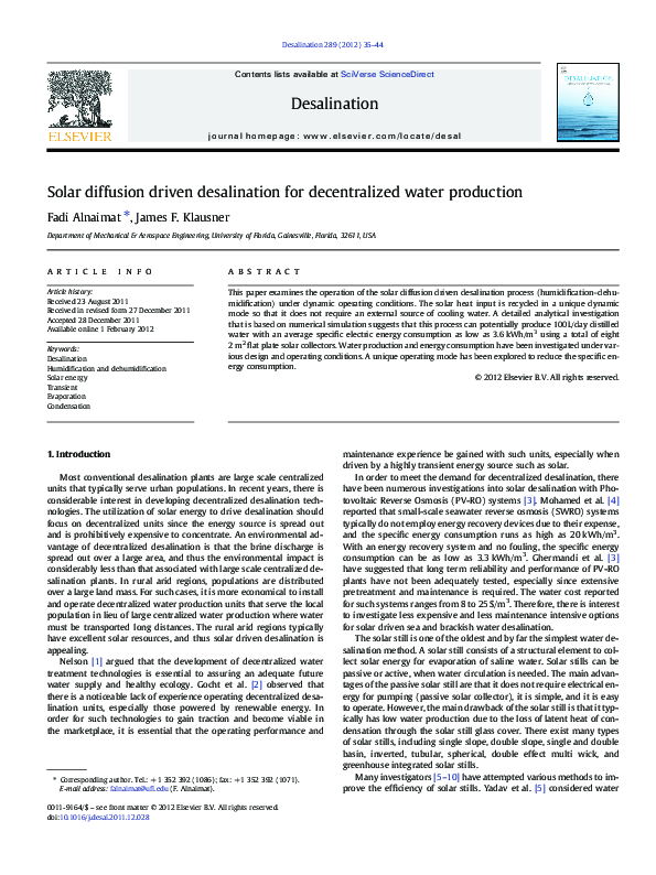 (PDF) Solar diffusion driven desalination for decentralized water ...