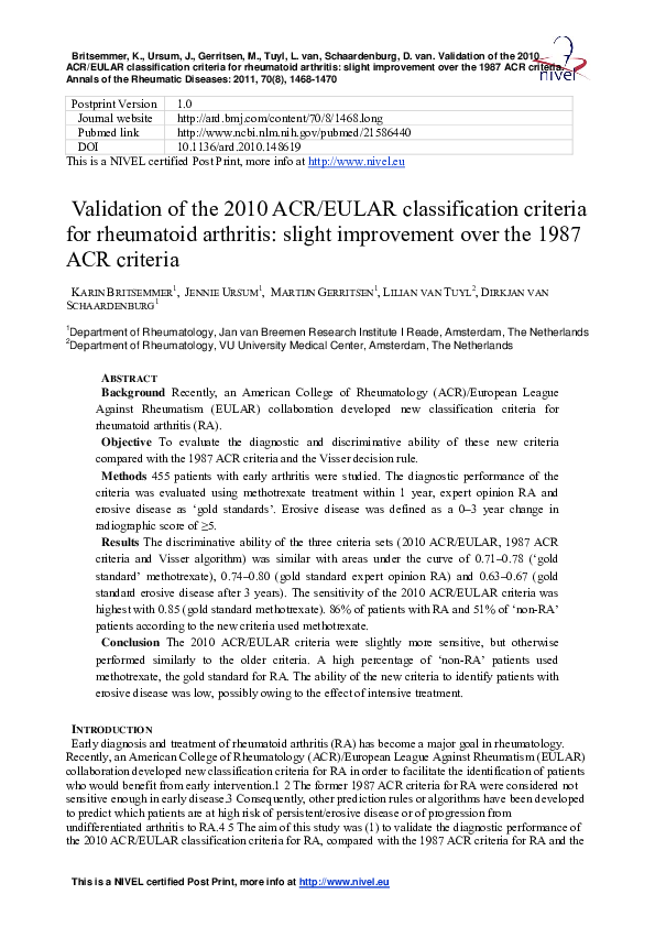 (PDF) Validation of the 2010 ACR/EULAR classification criteria for ...