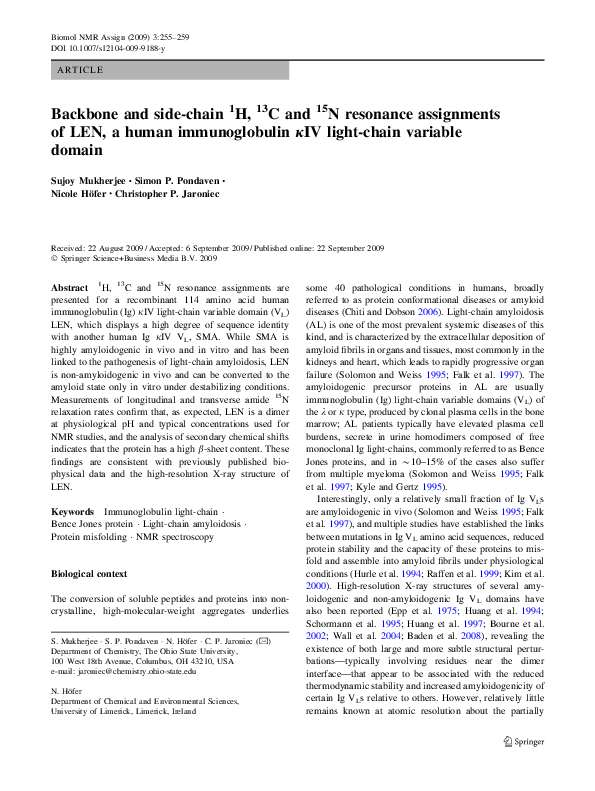 (PDF) Backbone and side-chain (1)H, (13)C and (15)N resonance assignments of LEN, a human ...
