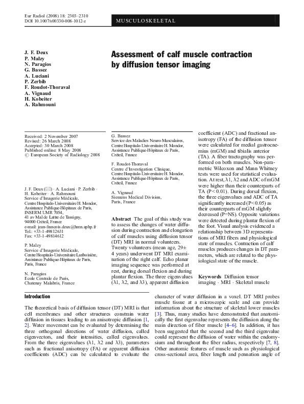 (PDF) Assessment of calf muscle contraction by diffusion tensor imaging
