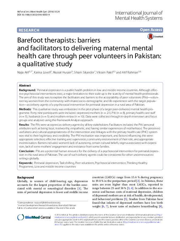 (PDF) Barefoot therapists: barriers and facilitators to delivering maternal mental health care ...