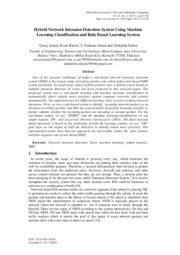 Pdf Hybrid Network Intrusion Detection System Using Machine Learning Classification And Rule