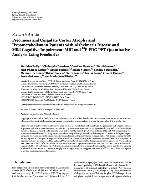 (PDF) Precuneus and Cingulate Cortex Atrophy and Hypometabolism in ...