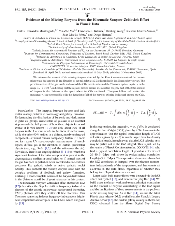(PDF) Evidence of the Missing Baryons from the Kinematic Sunyaev ...
