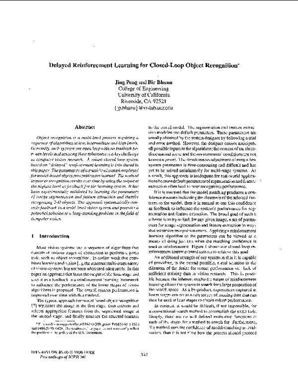 Pdf Delayed Reinforcement Learning For Closed Loop Object Recognition