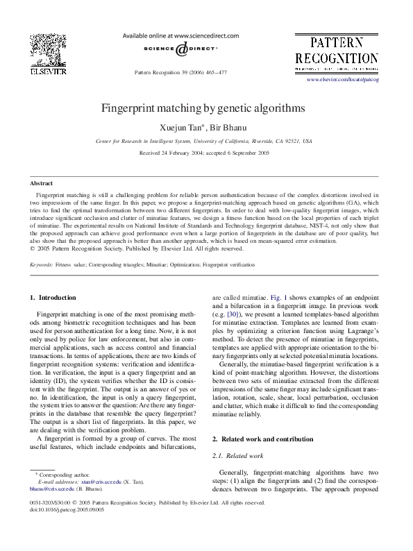 (PDF) Fingerprint matching by genetic algorithms
