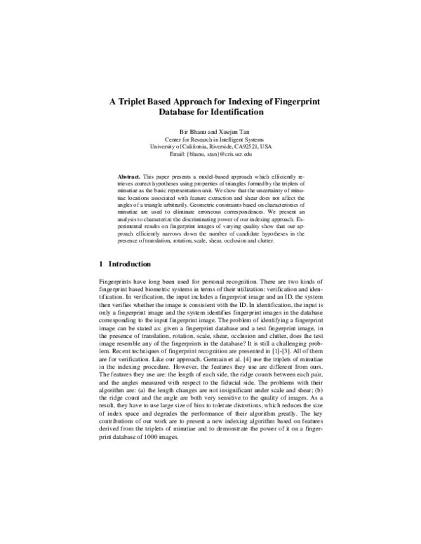 (PDF) A Triplet Based Approach for Indexing of Fingerprint Database for Identification