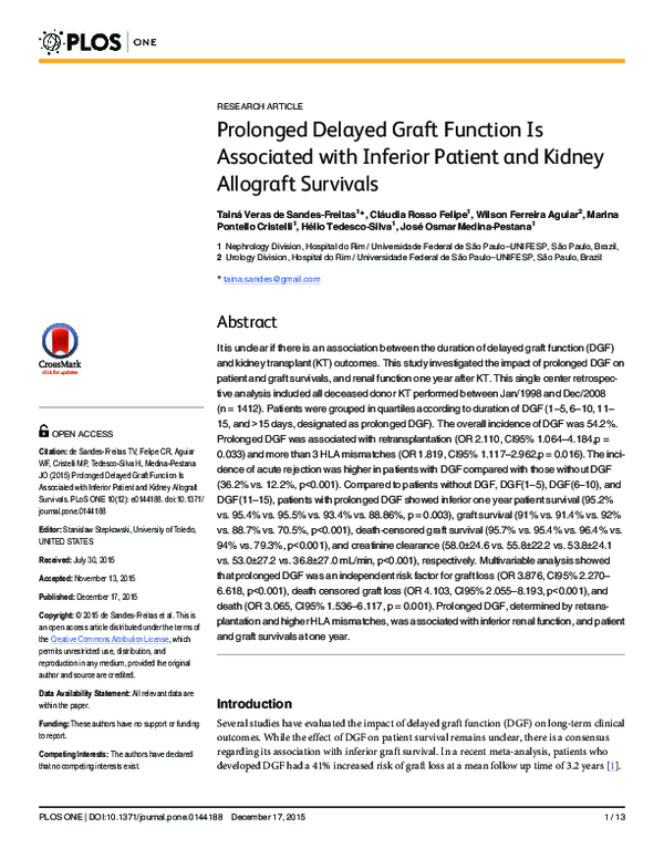 (PDF) Prolonged Delayed Graft Function Is Associated with Inferior ...