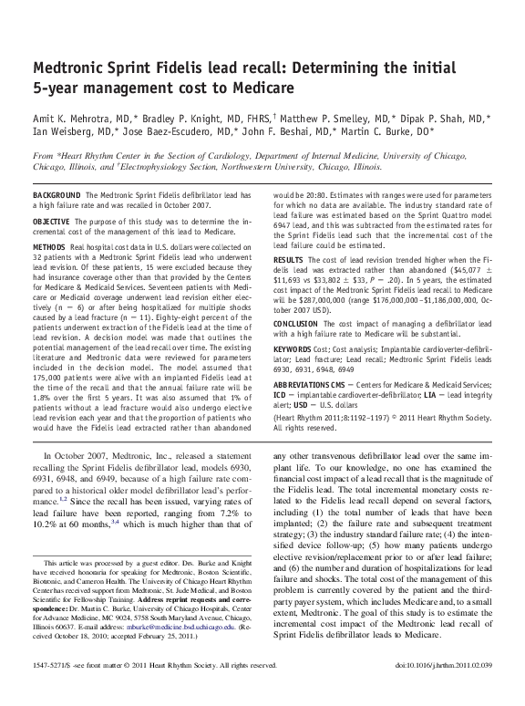 (PDF) Medtronic Sprint Fidelis lead recall: Determining the initial 5 ...