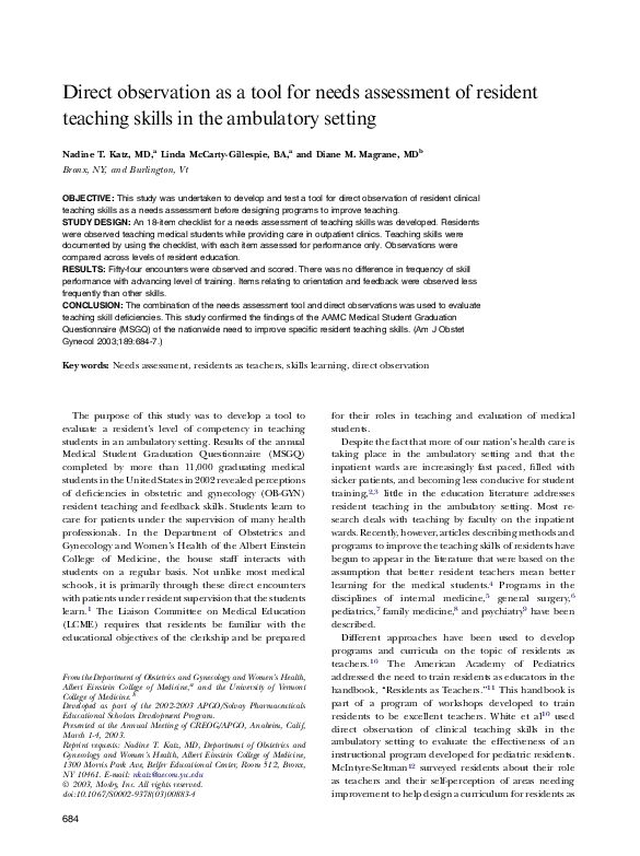 (PDF) Direct observation as a tool for needs assessment of resident ...