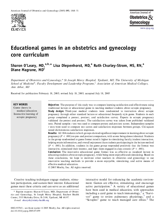 (PDF) Educational games in an obstetrics and gynecology core curriculum