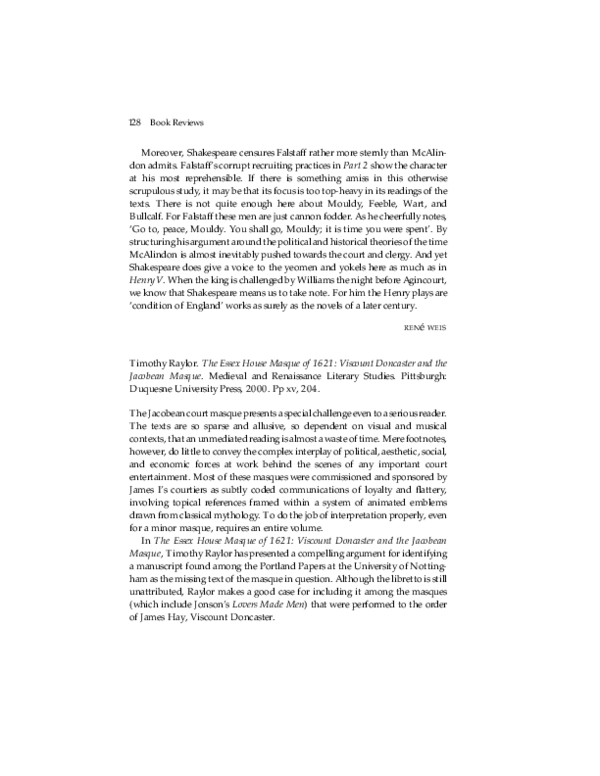 (PDF) Book Review: Timothy Raylor. The Essex House Masque of 1621 ...