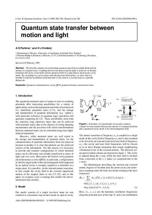 (PDF) Quantum state transfer between motion and light