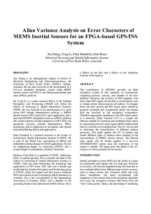 Allan Variance Analysis On Error Characters Of Mems Inertial Sensors For An Fpga Based Gpsins 2322