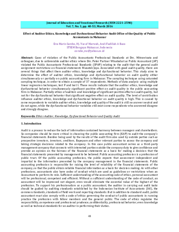 (PDF) Effect of Auditor Ethics, Knowledge and Dysfunctional Behavior ...