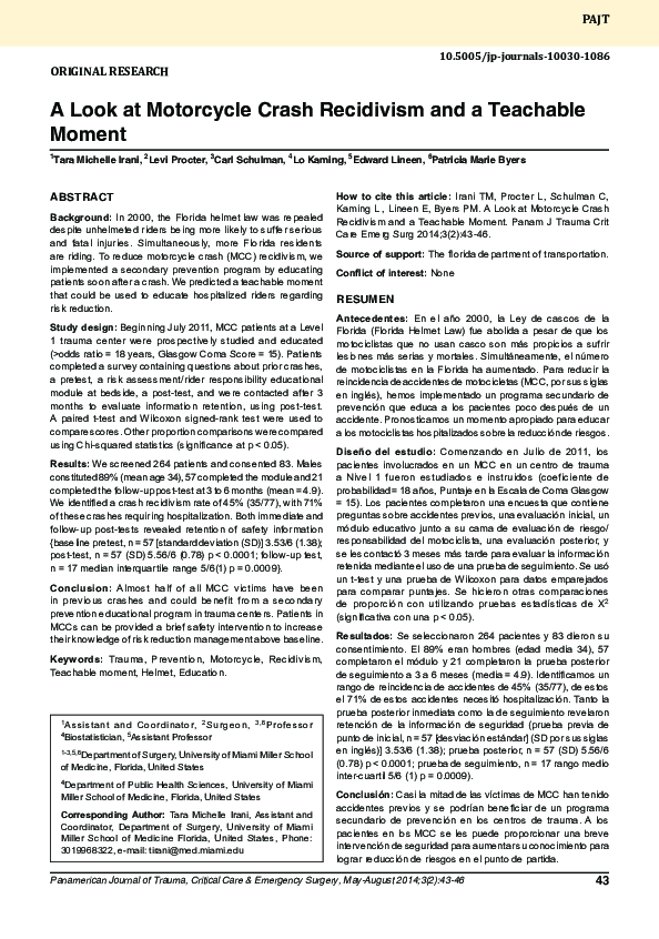 (PDF) A Look at Motorcycle Crash Recidivism and a Teachable Moment