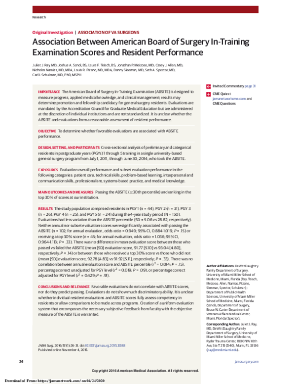 (PDF) ABSITE Scores vs. Evaluations in Surgery Residents