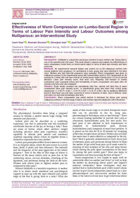 (PDF) Effectiveness of Warm Compression on Lumbo-Sacral Region in Terms of Labour Pain Intensity ...