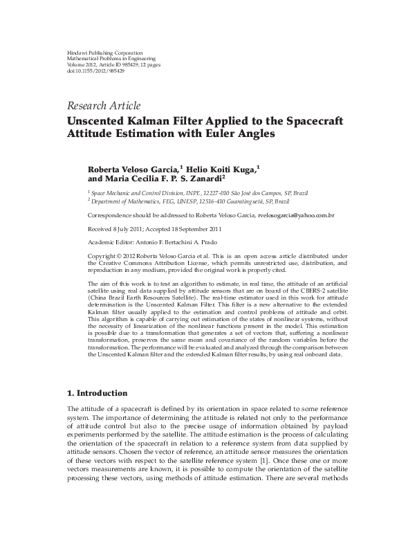 Pdf Unscented Kalman Filter For Spacecraft Attitude Estimation Using Quaternions And Euler Angles