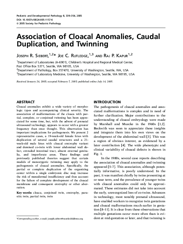(PDF) Association of Cloacal Anomalies, Caudal Duplication, and Twinning