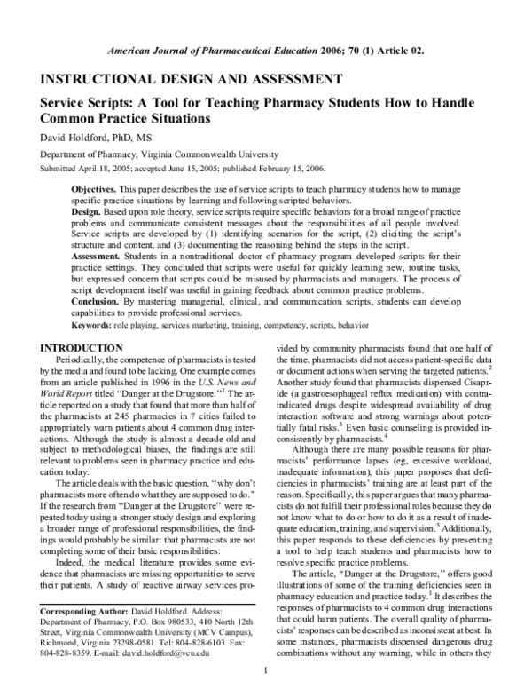 (PDF) Service Scripts: A Tool for Teaching Pharmacy Students How to ...