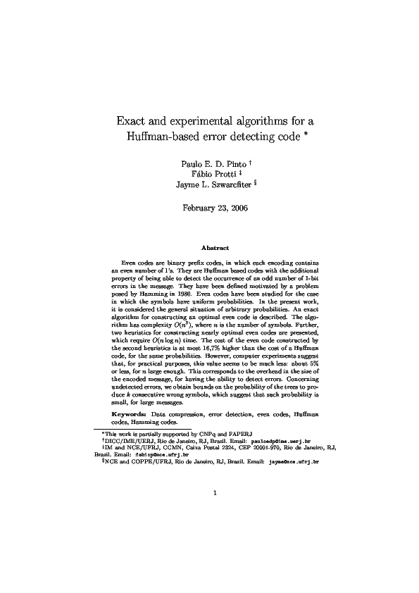 Pdf Exact And Experimental Algorithms For A Huffman Based Error Detecting Code 0791