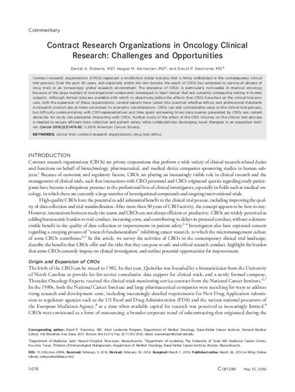(PDF) Contract research organizations in oncology clinical research ...
