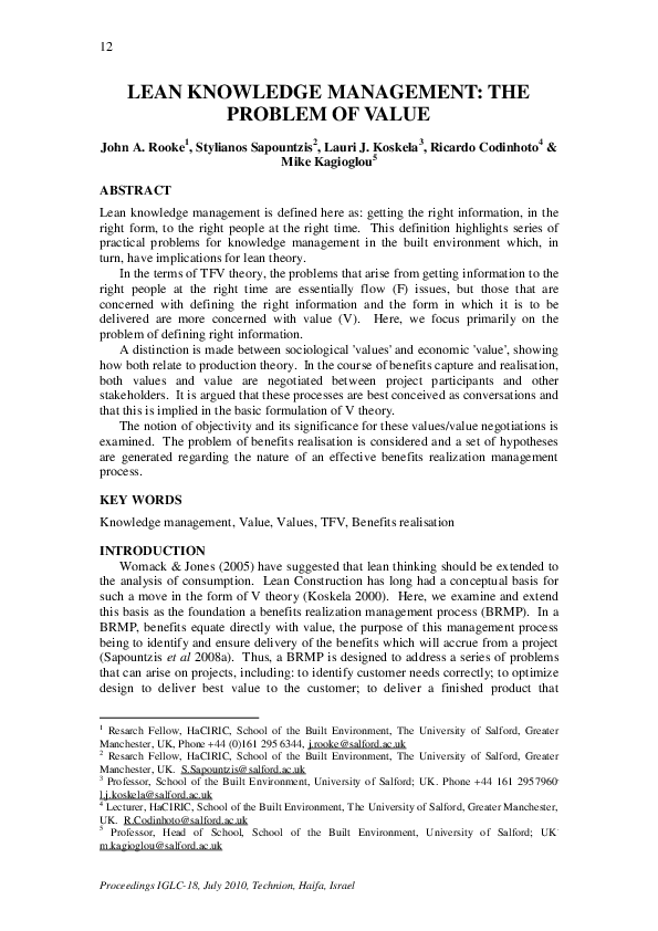 (PDF) Lean Knowledge Management: The Problem of Value