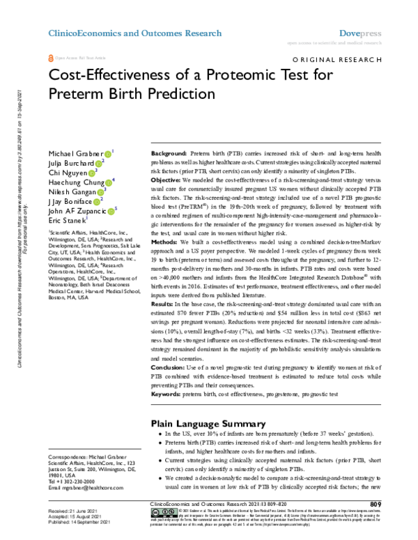 (PDF) Cost-Effectiveness of a Proteomic Test for Preterm Birth Prediction
