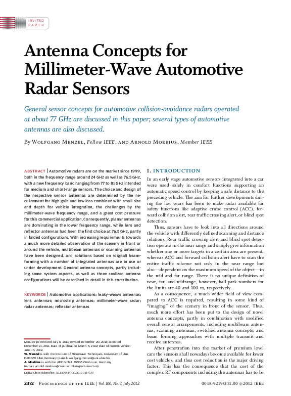 (PDF) Antenna Concepts for Millimeter-Wave Automotive Radar Sensors