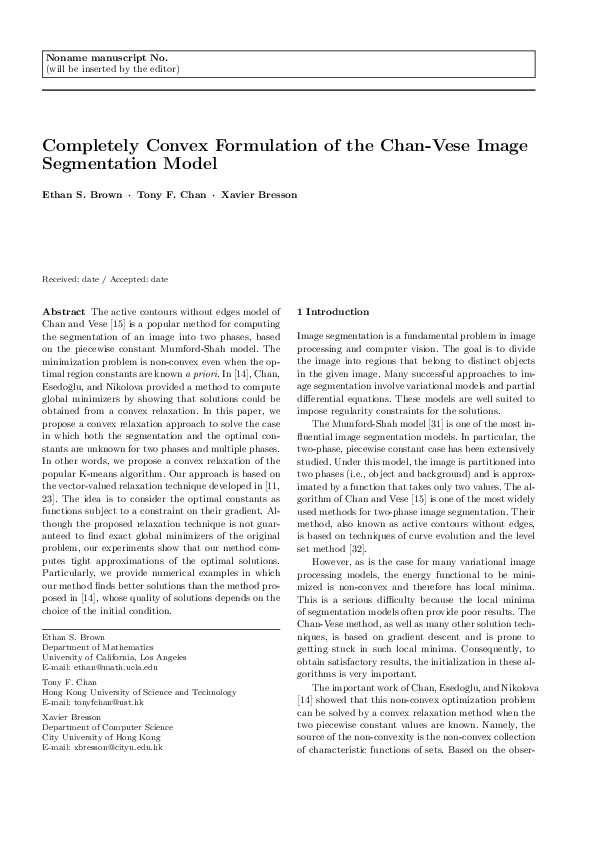 (PDF) Completely Convex Formulation of the Chan-Vese Image Segmentation Model