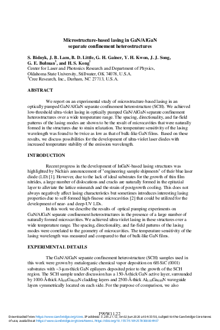 (PDF) Microstructure-Based Lasing in GaN/AlGaN Separate Confinement Heterostructures