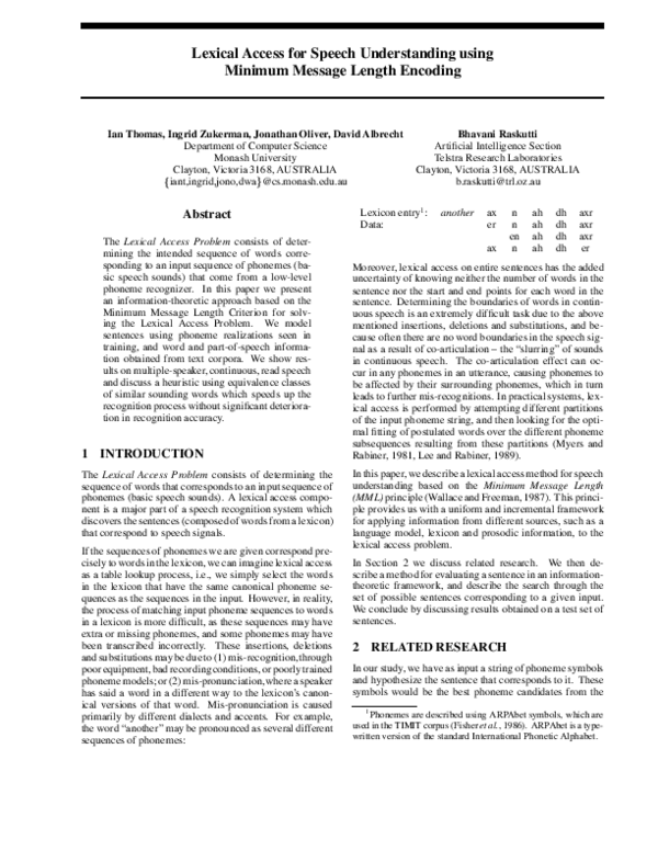 (PDF) Lexical access for speech understanding using Minimum Message Length encoding