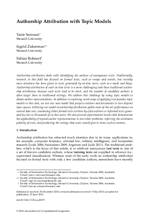(PDF) Authorship Attribution with Topic Models