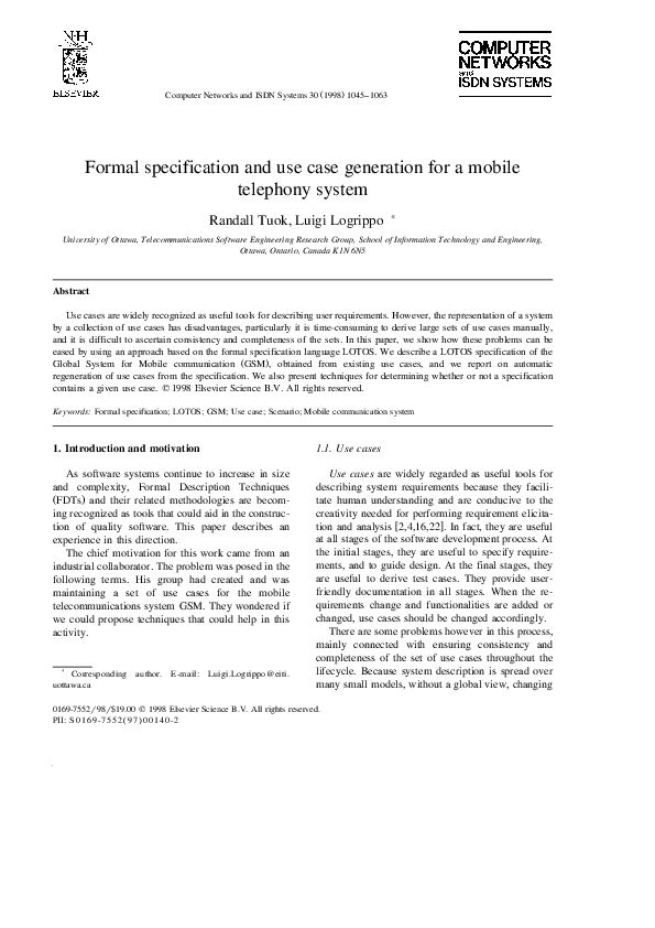 (PDF) Formal specification and use case generation for a mobile ...