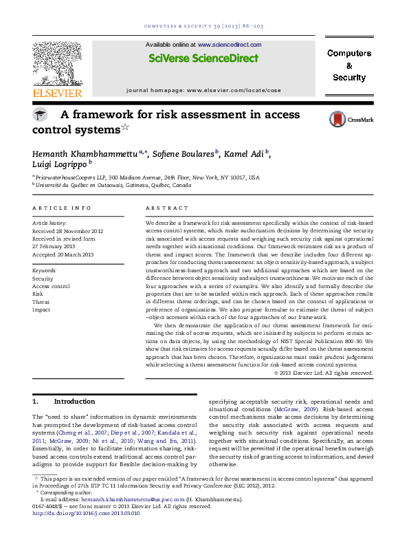 (PDF) A framework for risk assessment in access control systems